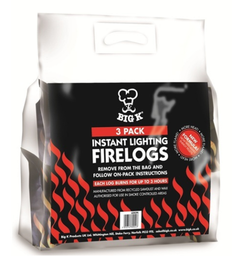 Pack of 3 Big K Instant Lighting Firelogs Firewood Wood Burner Fire ...